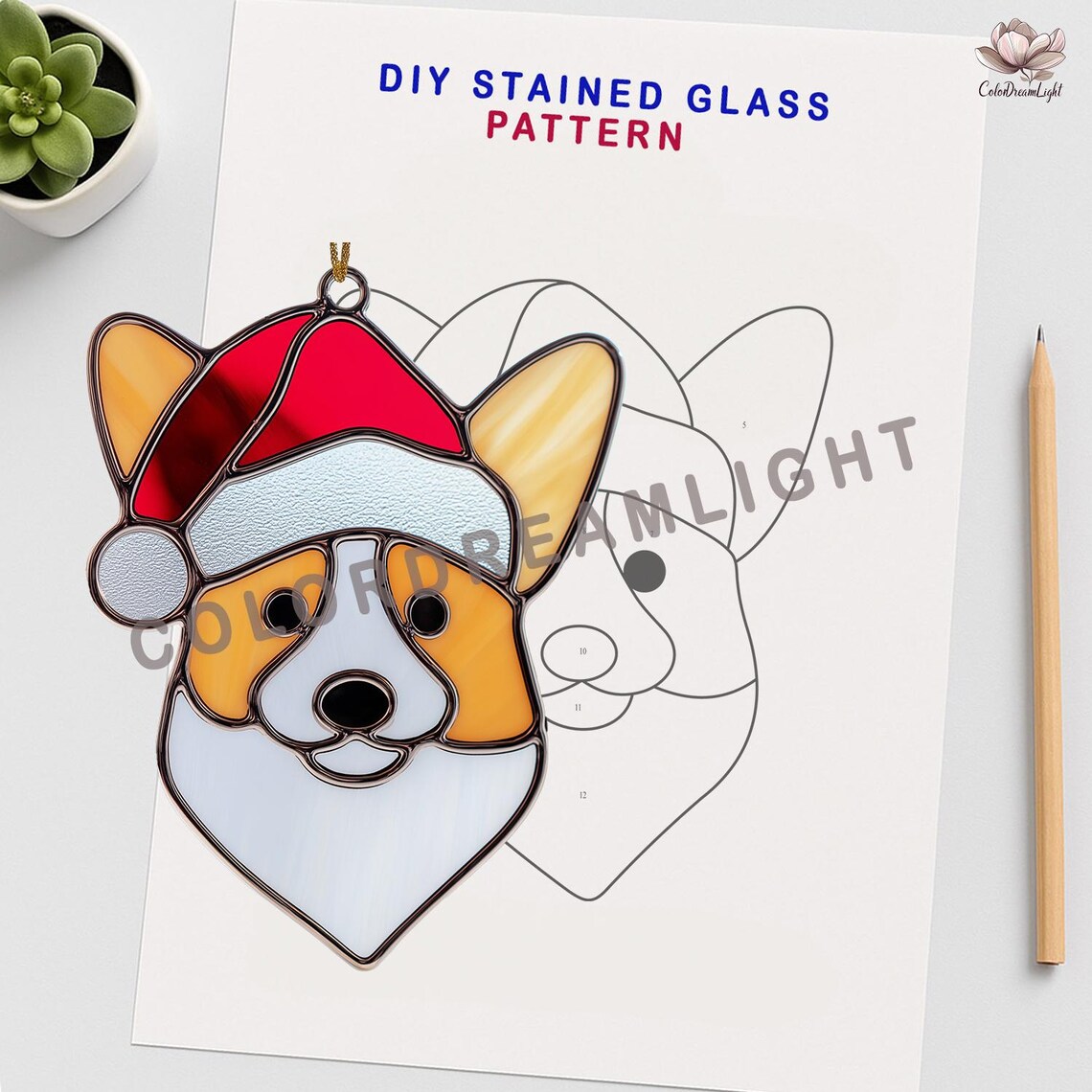 Christmas Corgi Stained Glass Pattern, Dog With Santa Hat Suncatcher ...