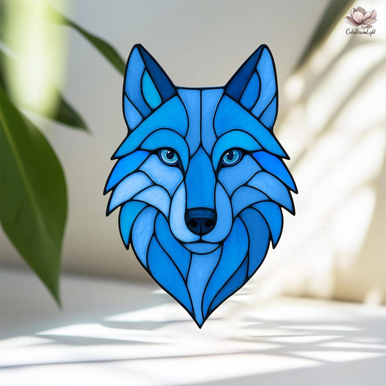 Blue Wolf Head Stained Glass Pattern – Geometric Animal Suncatcher ...