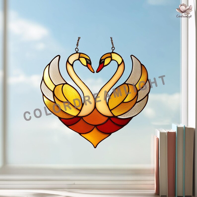 Swan Couple Stained Glass Pattern, Romantic Suncatcher Template, Heart ...