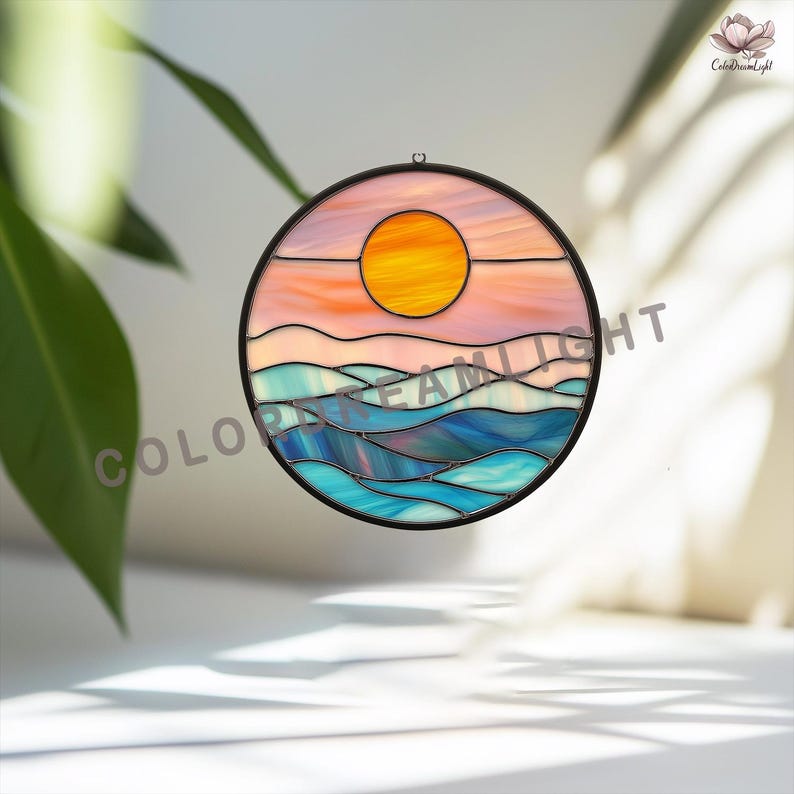 Sunset Ocean Stained Glass Pattern PDF | Round Suncatcher Sea Waves ...