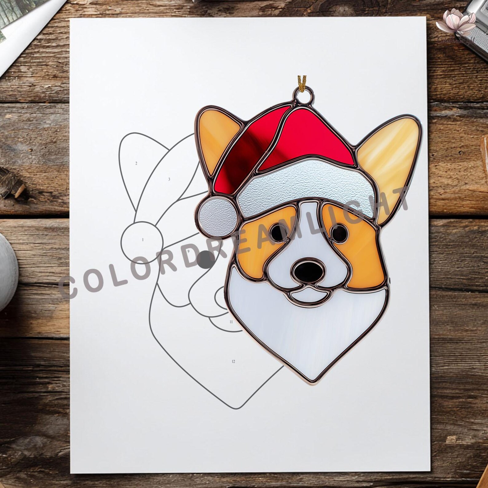 Christmas Corgi Stained Glass Pattern, Dog With Santa Hat Suncatcher ...