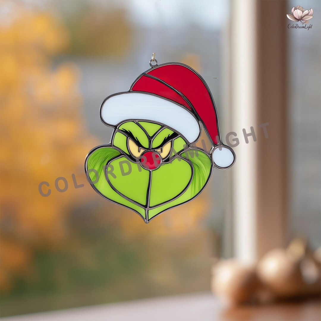 Grinch Stained Glass Pattern With Santa Hat, Christmas Suncatcher ...