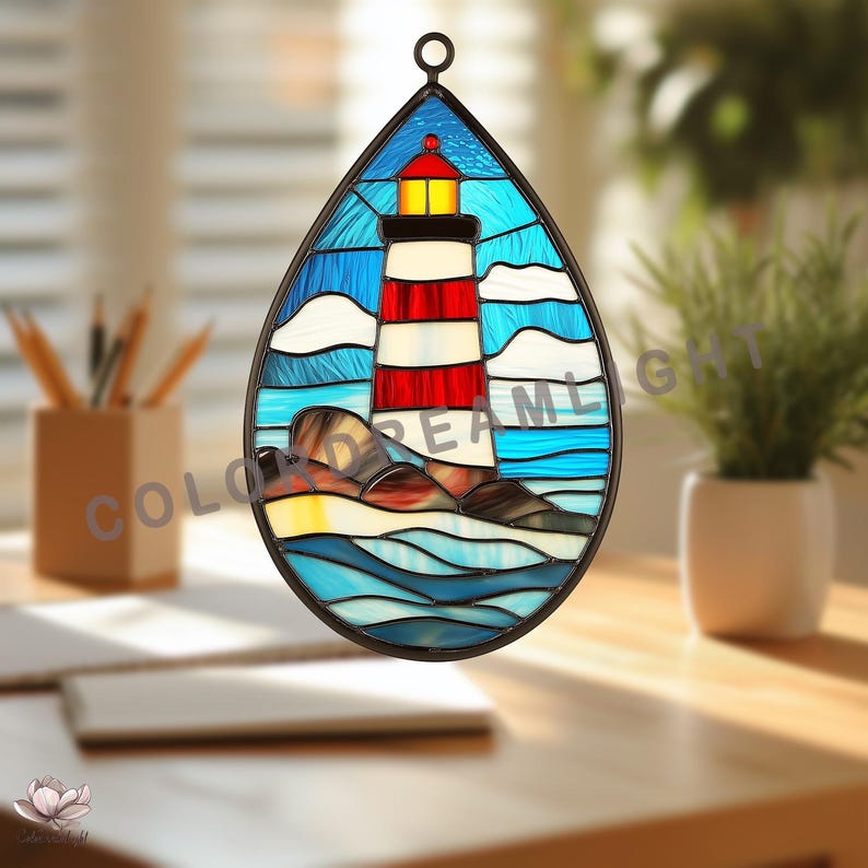 Lighthouse Stained Glass Pattern – Ocean Suncatcher PDF, Printable DIY ...