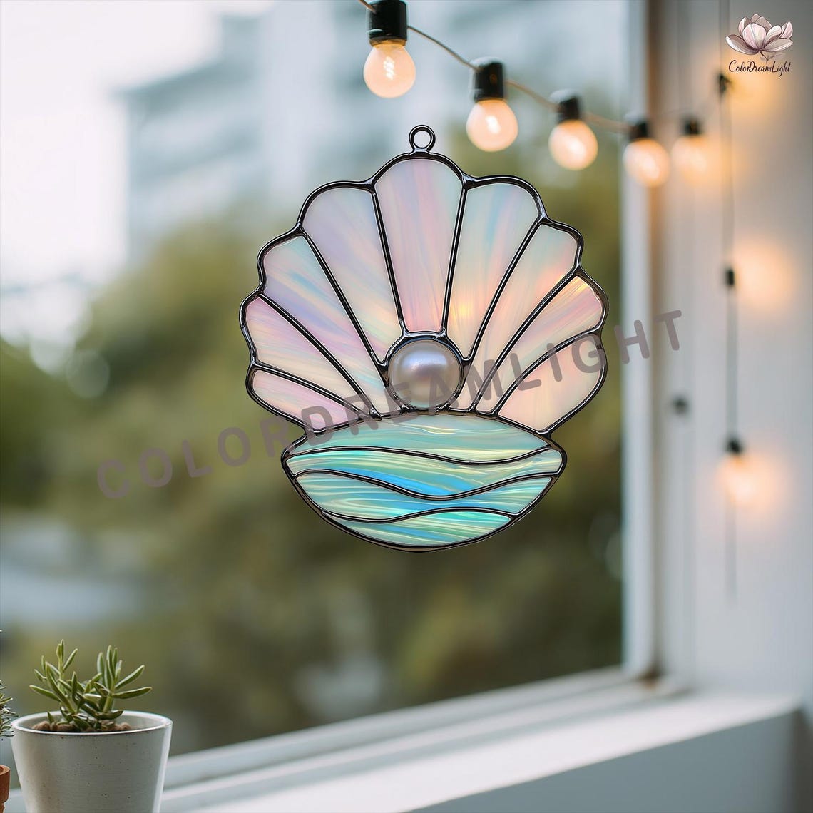 Seashell Stained Glass Pattern With Pearl, Ocean Suncatcher SVG PDF ...