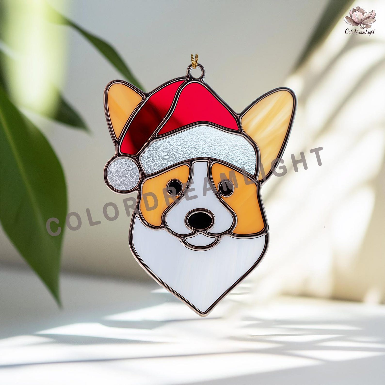 Christmas Corgi Stained Glass Pattern, Dog With Santa Hat Suncatcher ...