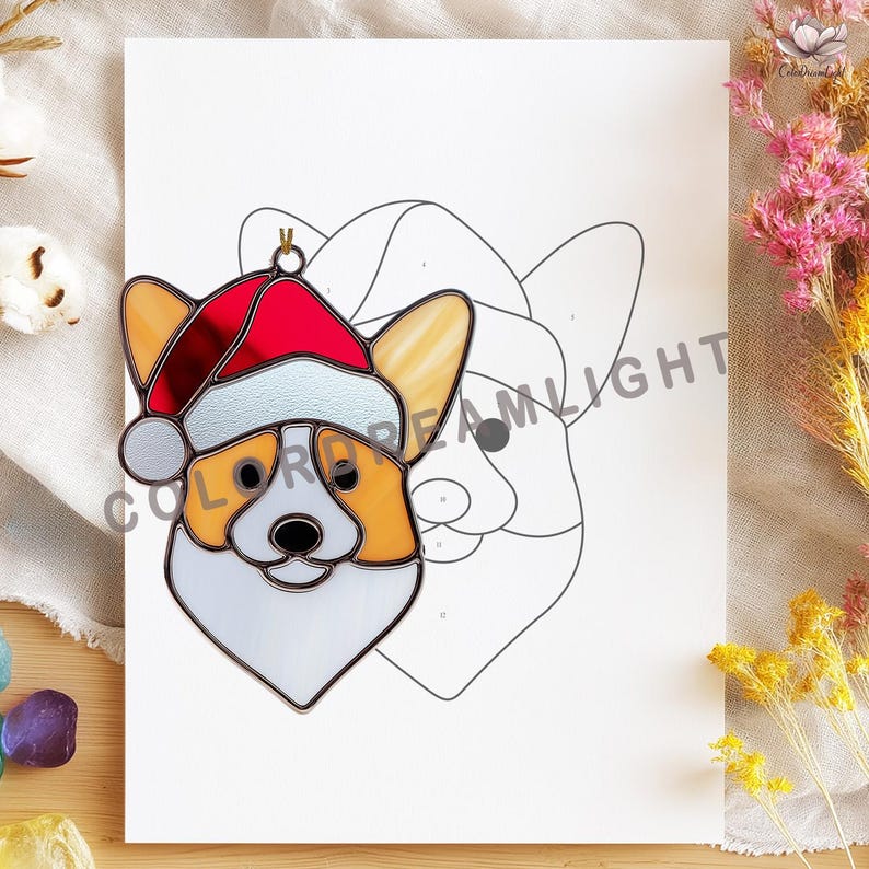 Christmas Corgi Stained Glass Pattern, Dog With Santa Hat Suncatcher ...