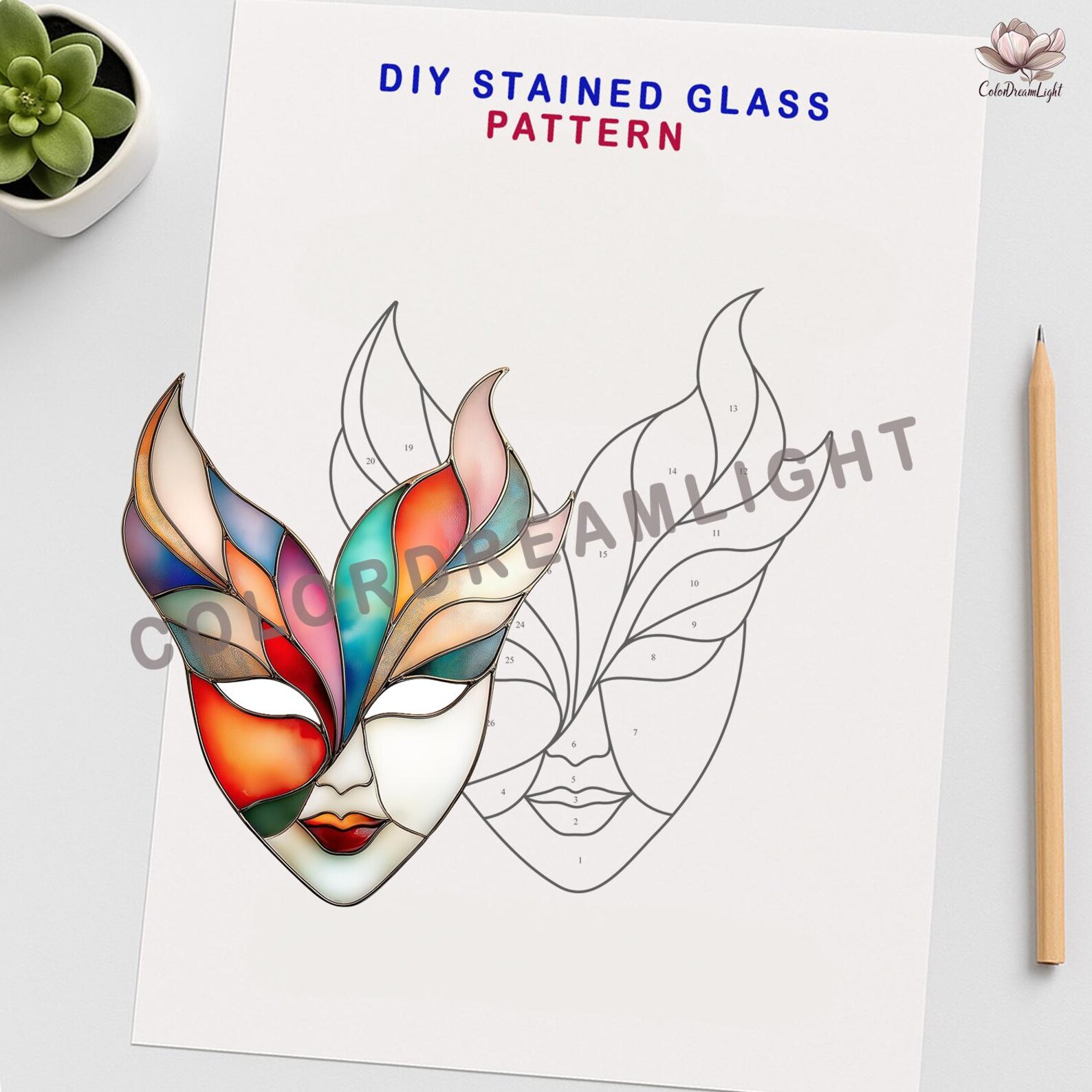 Stained Glass Mask Pattern: Carnival Masquerade Suncatcher Template ...