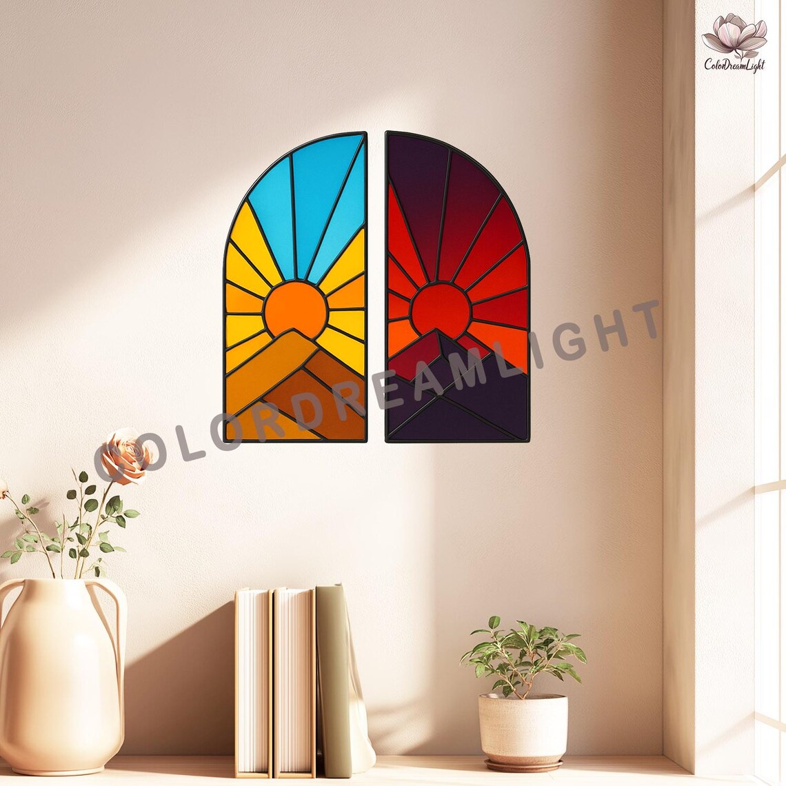 04-36TH Sunrise & Sunset Stained Glass Bookends Pattern, Mountain ...
