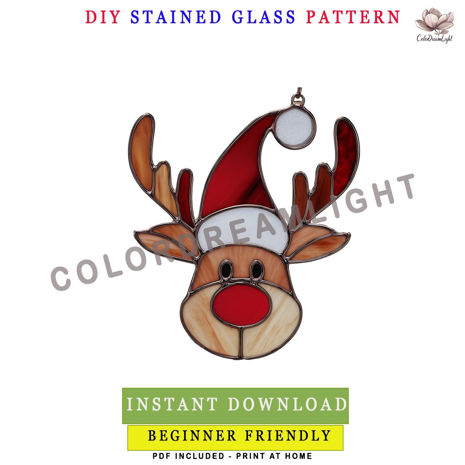 Reindeer Stained Glass Pattern, Christmas Suncatcher DIY, Cute Holiday ...