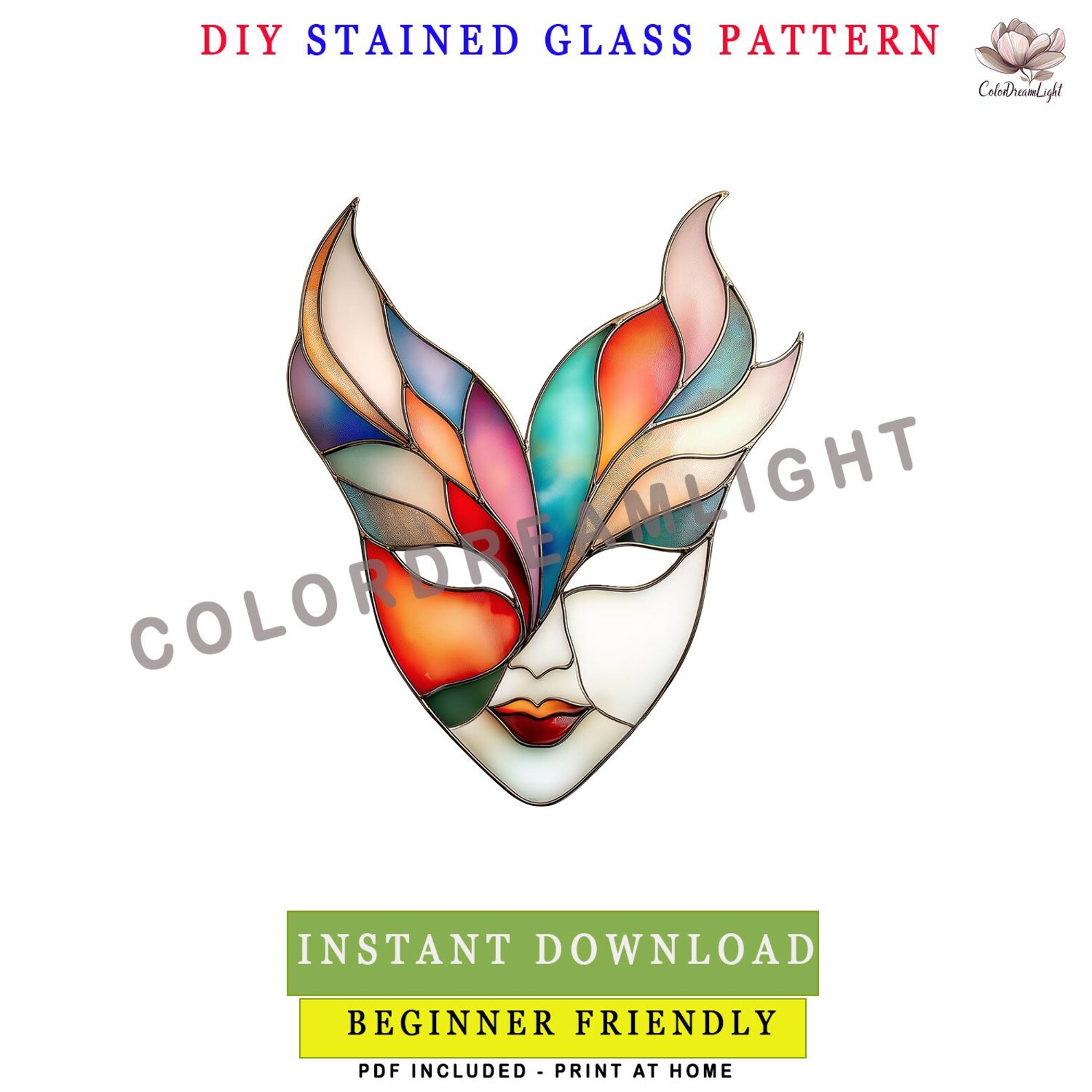Stained Glass Mask Pattern: Carnival Masquerade Suncatcher Template ...