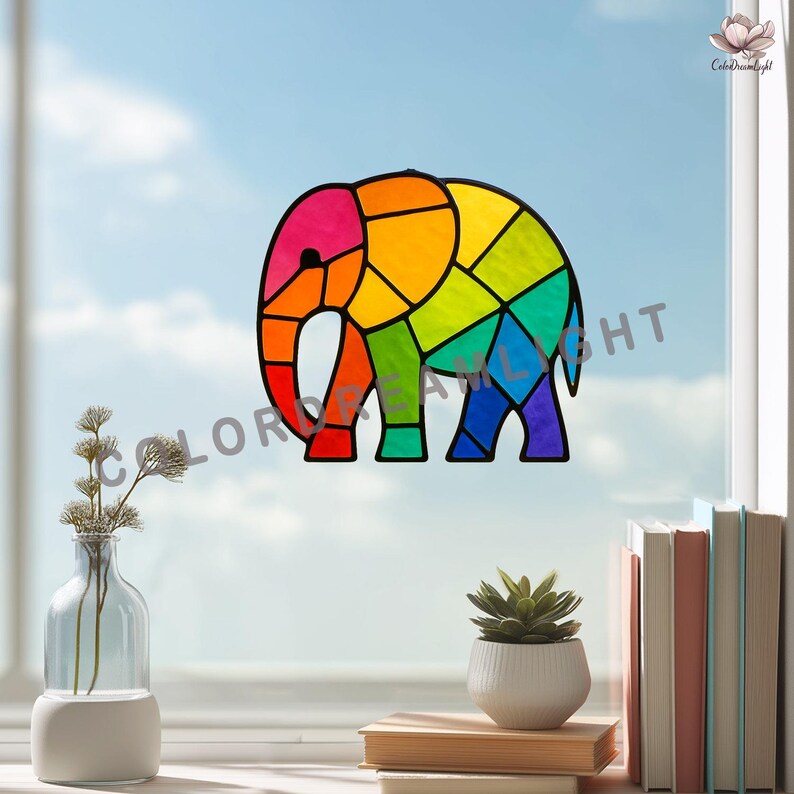 Rainbow Elephant Stained Glass Pattern, Animal Suncatcher Template ...