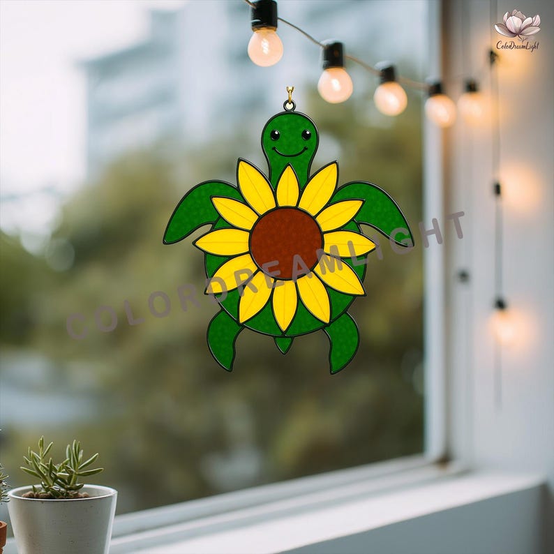 Sunflower Turtle Stained Glass Pattern, Ocean Suncatcher Template, Sea ...