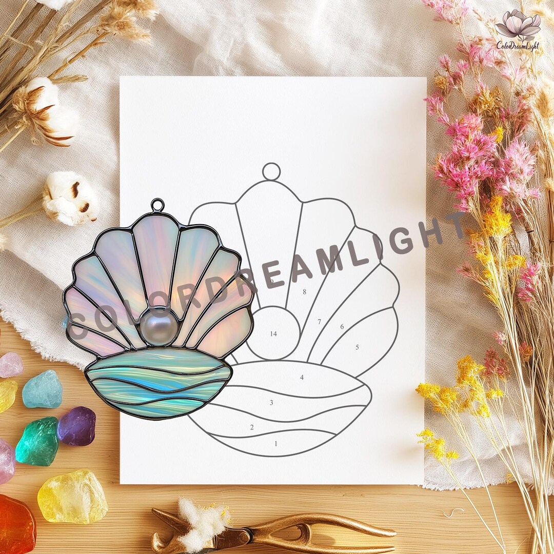 Seashell Stained Glass Pattern With Pearl, Ocean Suncatcher SVG PDF ...