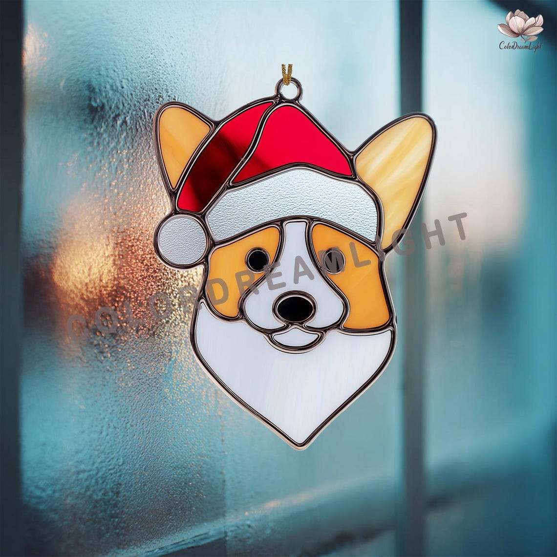 Christmas Corgi Stained Glass Pattern, Dog With Santa Hat Suncatcher ...