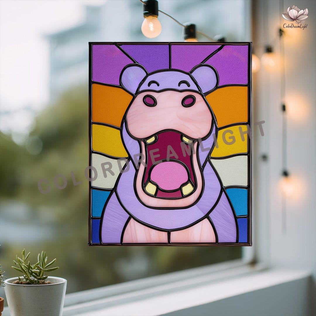 Hippo Stained Glass Pattern, Funny Animal Suncatcher Template, Window ...