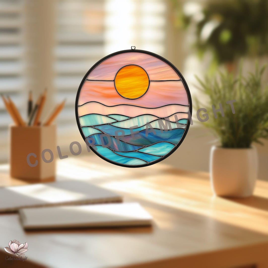 Sunset Ocean Stained Glass Pattern PDF | Round Suncatcher Sea Waves ...