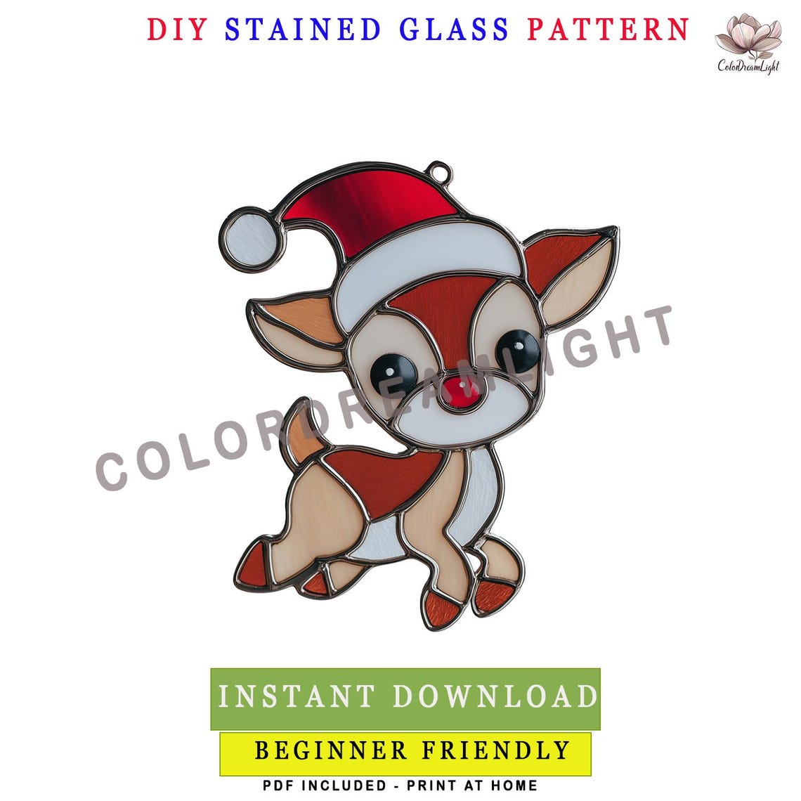 Reindeer Stained Glass Pattern, Christmas Animal Suncatcher Template ...
