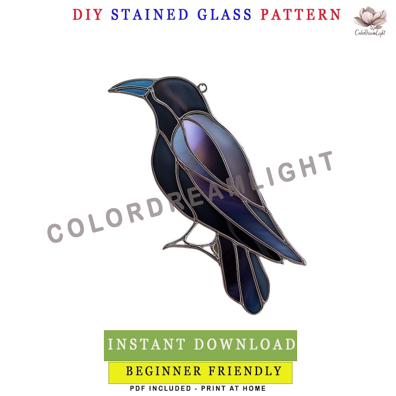 Raven Stained Glass Pattern, Crow Suncatcher Template, Gothic Bird ...