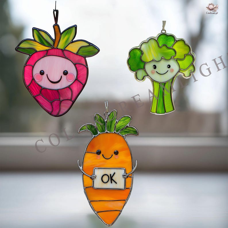 Cute Vegetable Stained Glass Pattern Set – Carrot, Broccoli, and ...