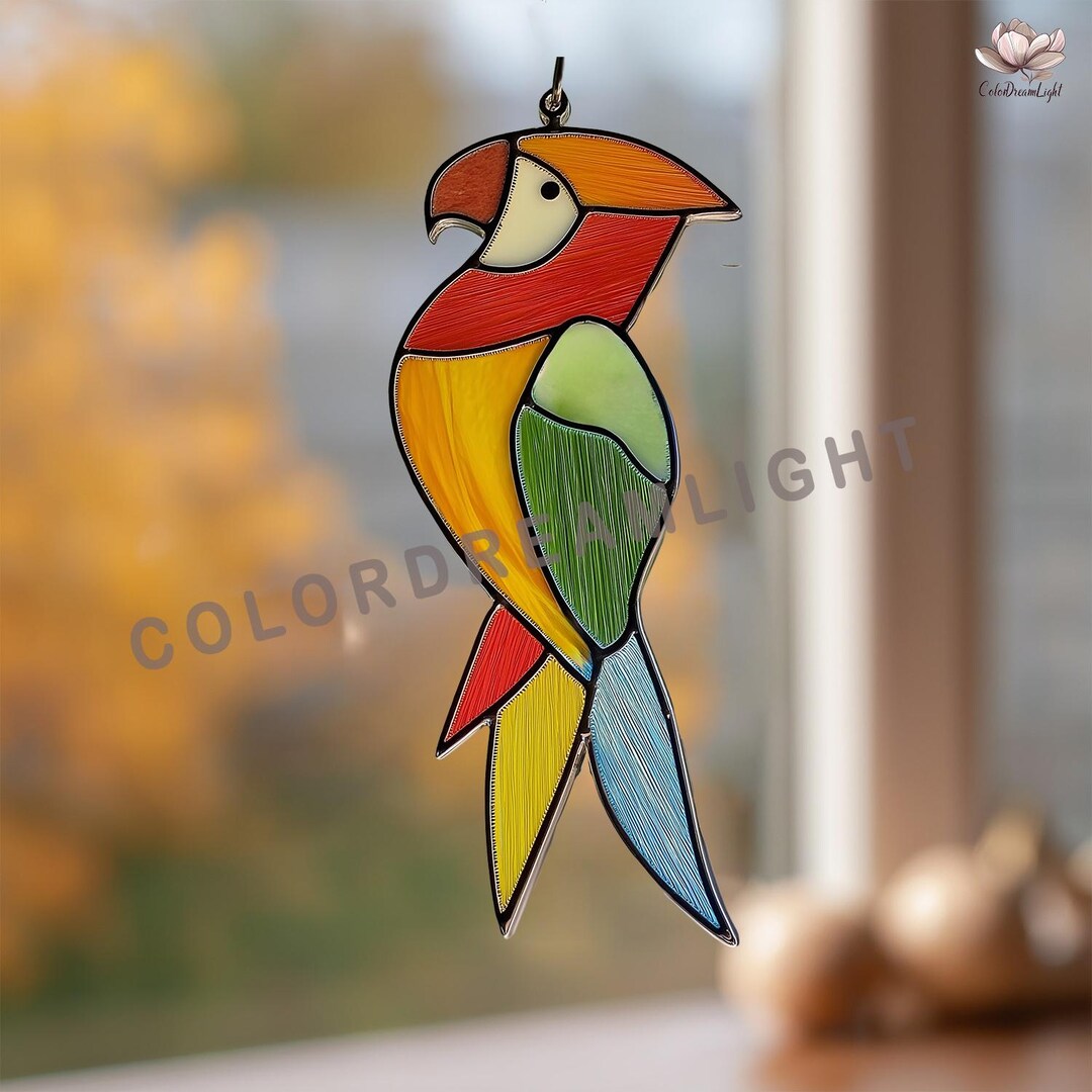 Colorful Parrot Stained Glass Pattern, Tropical Bird Suncatcher Glass ...