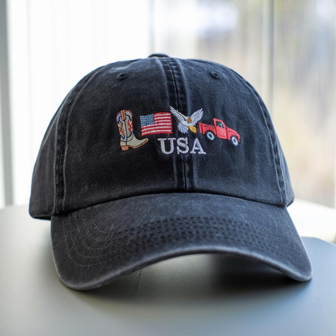 Embroidered USA Icons Dad Hat, American Flag, Cowboy Boot - Etsy