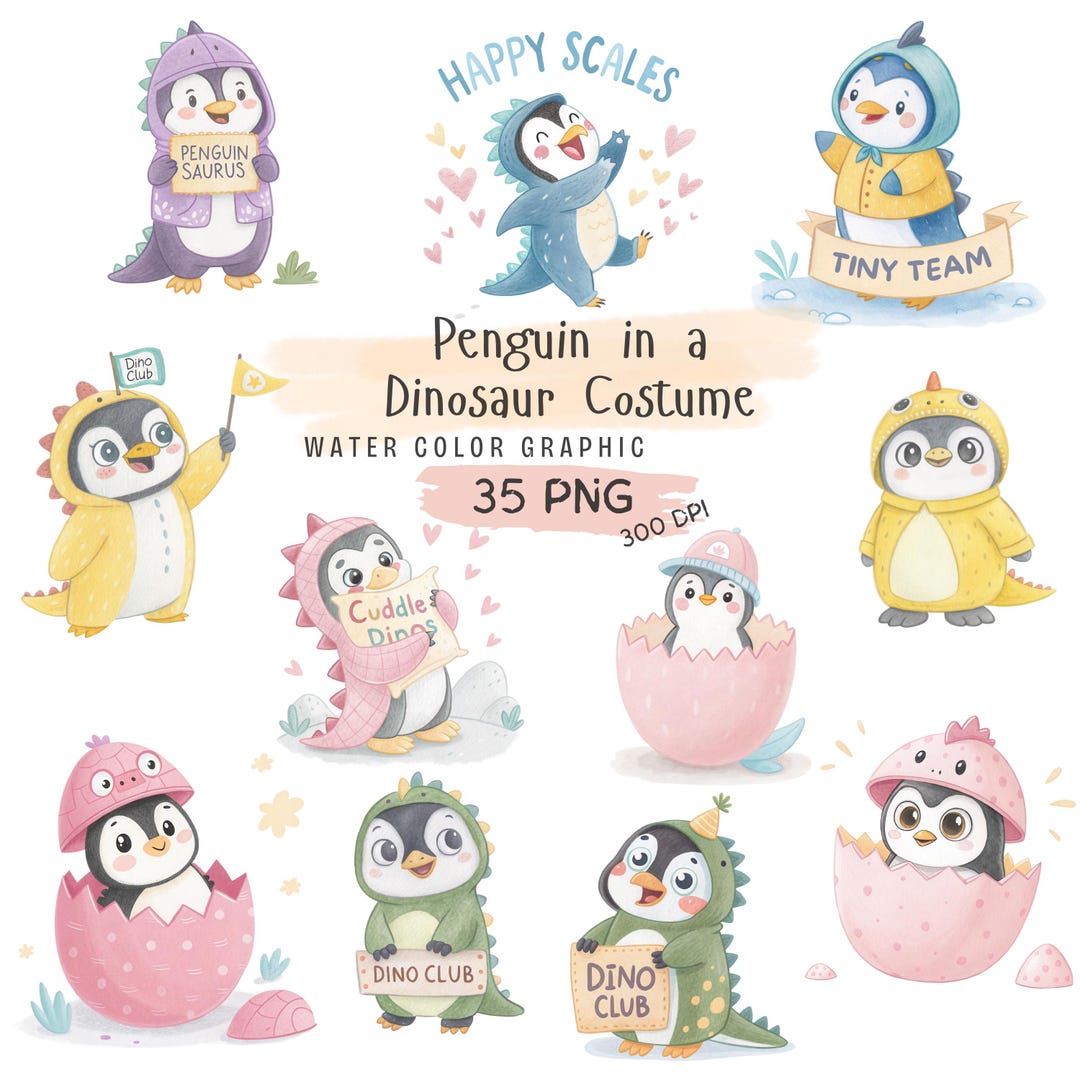 Penguin Dinosaur Costume PNG, Cute Watercolor Clipart, Kids Party Decor ...