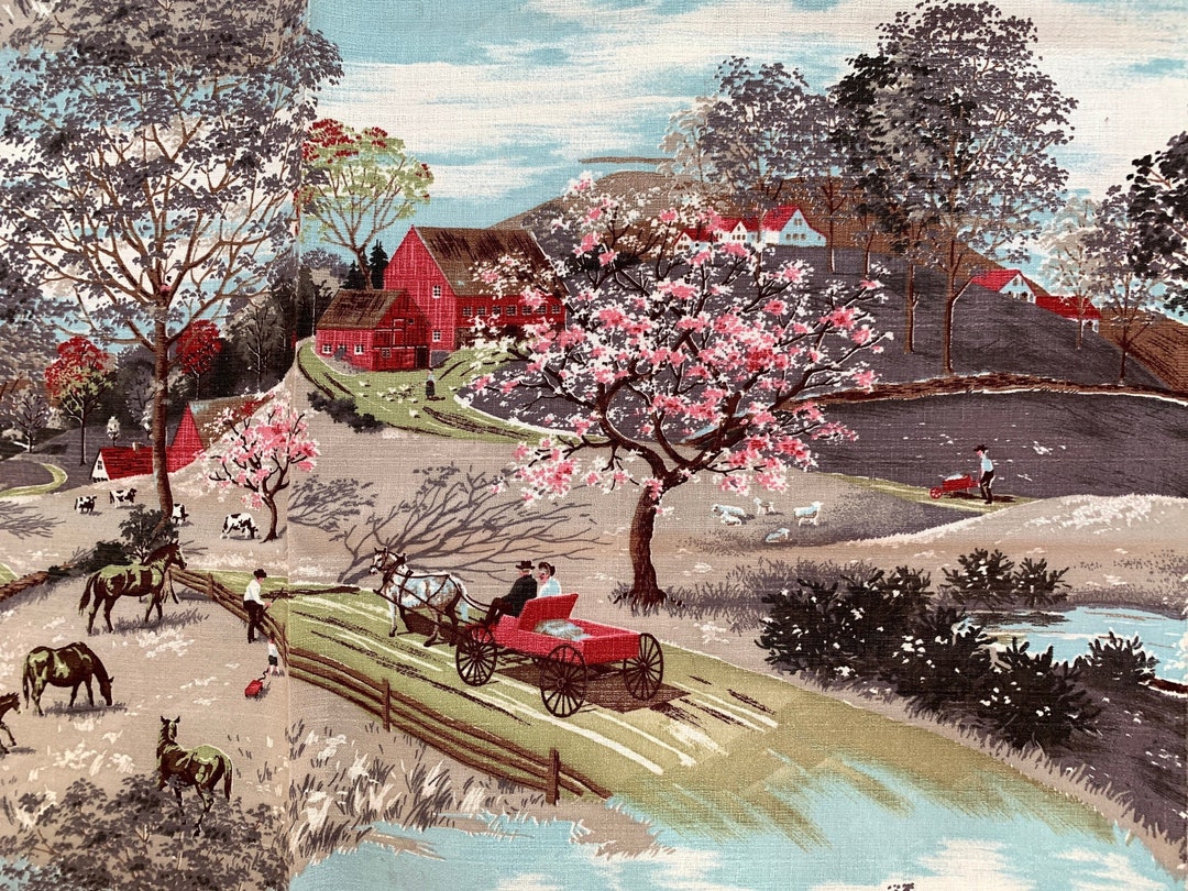 Spring Outing Vintage Barkcloth, 2 Yards of 1940s Fabric Like Grandma ...