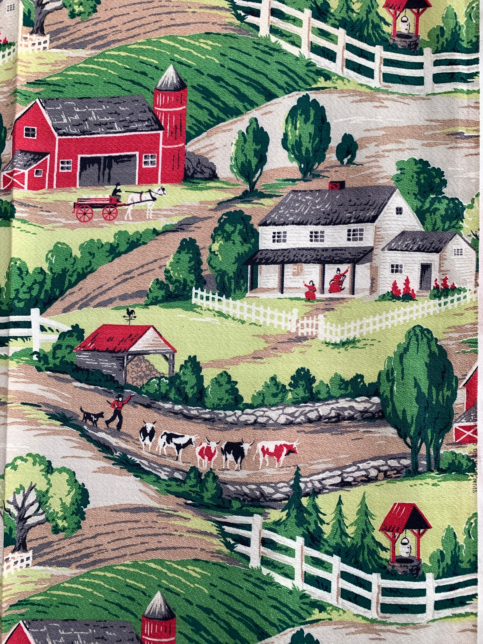 Red Barn Vintage Barkcloth, 2 Yards of 1940s Farm Fabric, Scenic Print ...