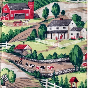 Red Barn Vintage Barkcloth, 2 Yards of 1940s Farm Fabric, Scenic Print ...