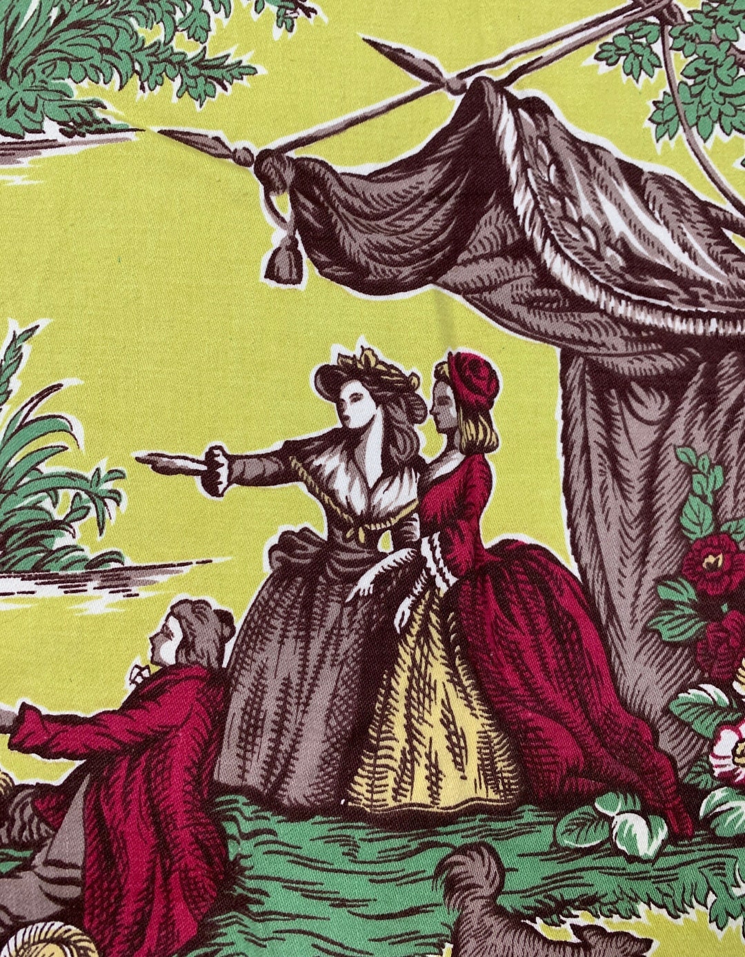 Bustle Barkcloth, 2 Yards of 1950s Chartreuse Toile, Vintage Fabric for ...