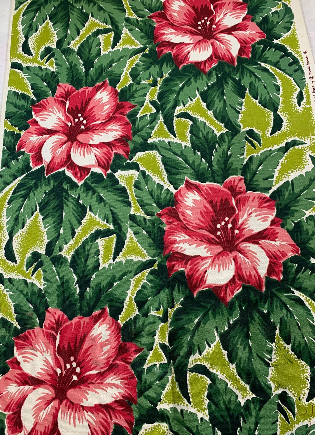 Candy Cane Hibiscus Barkcloth, 2 Yards of Tropical Vintage Fabric for ...
