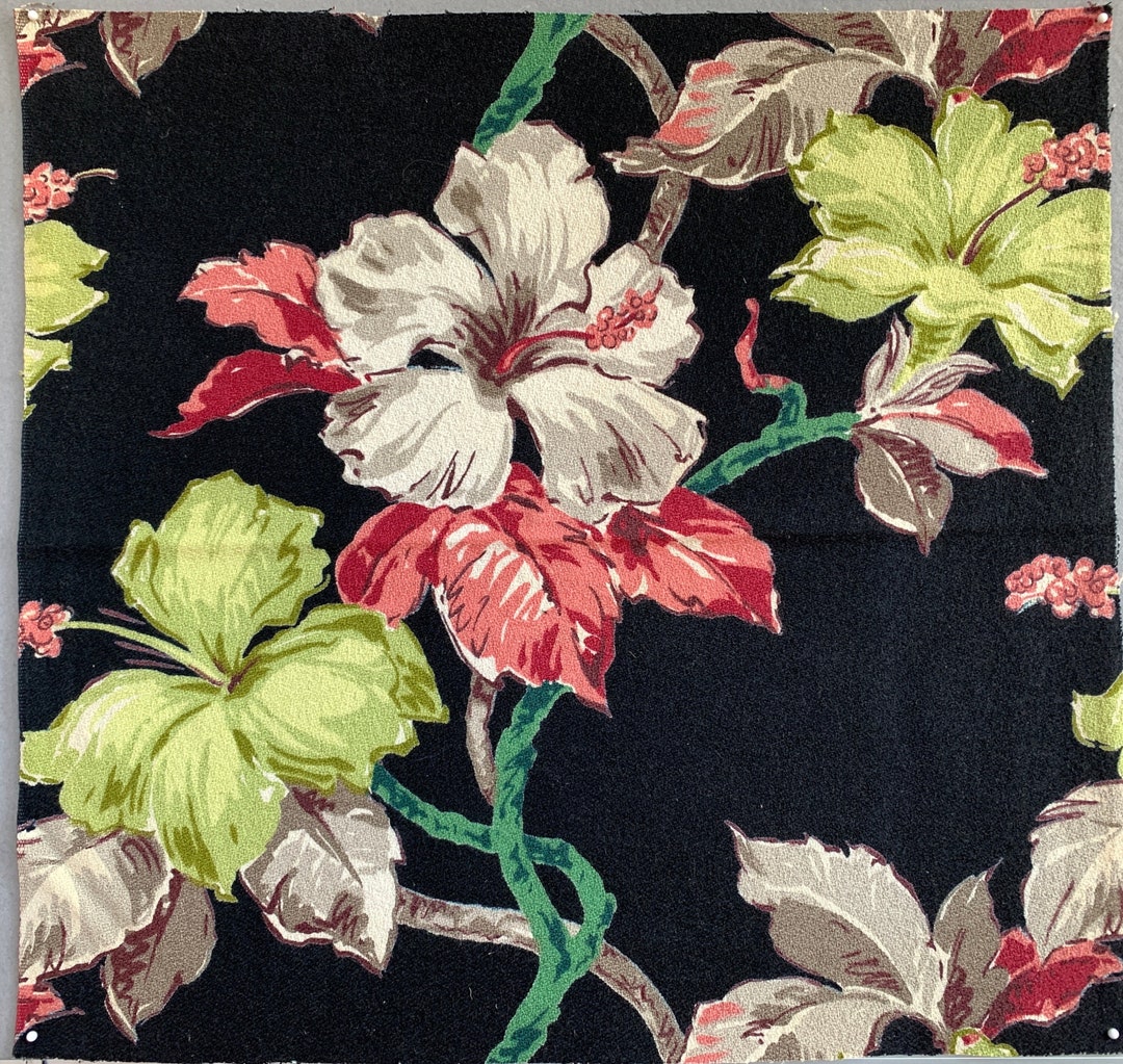Black Hibiscus Barkcloth, Pillow Panel in Beautiful 1940s Tropical ...