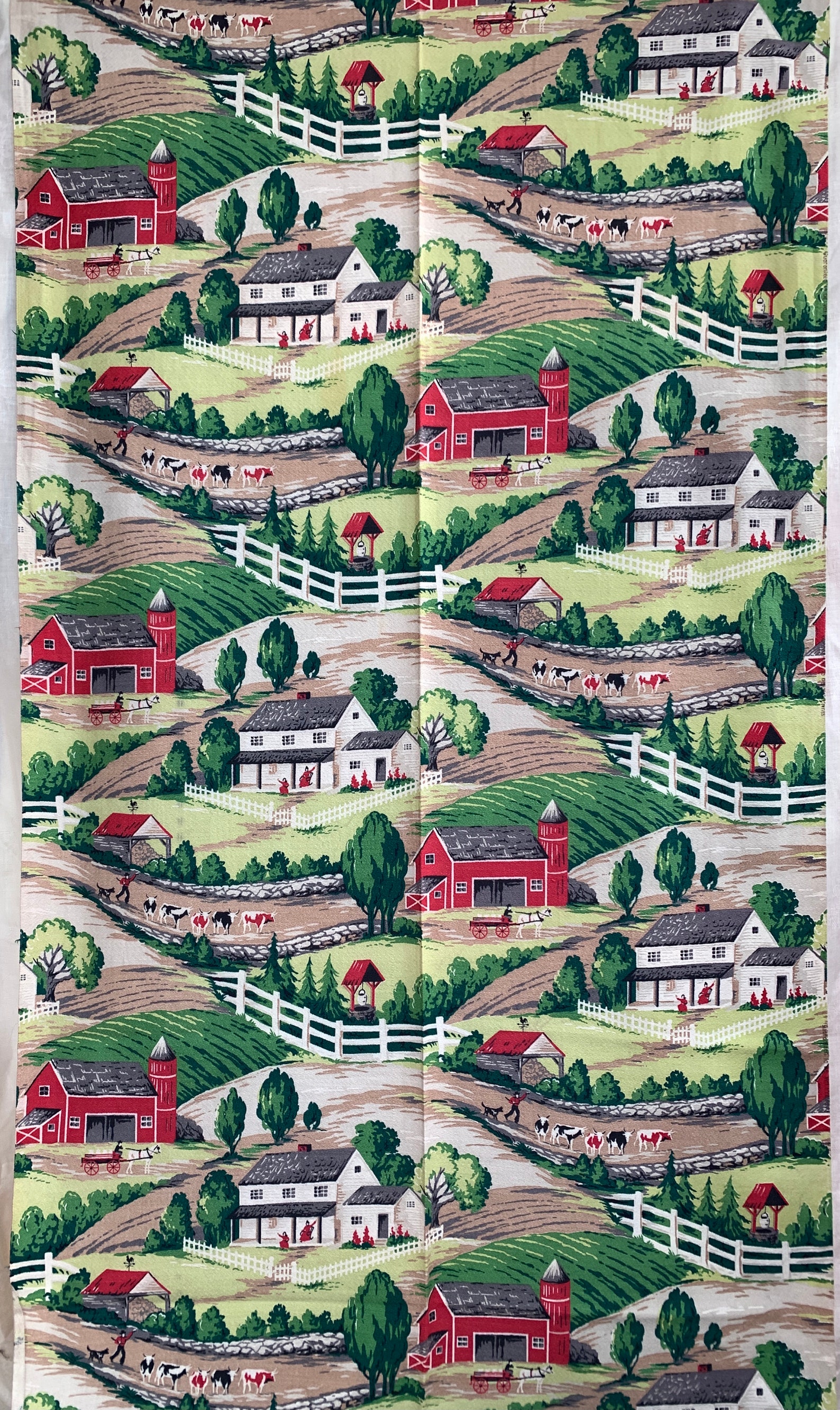 Red Barn Vintage Barkcloth, 2 Yards of 1940s Farm Fabric, Scenic Print ...
