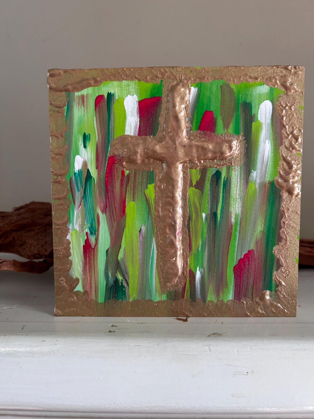 Hand Painted Gold Cross Art, Textured Religious Decor (5x5 In) - Etsy