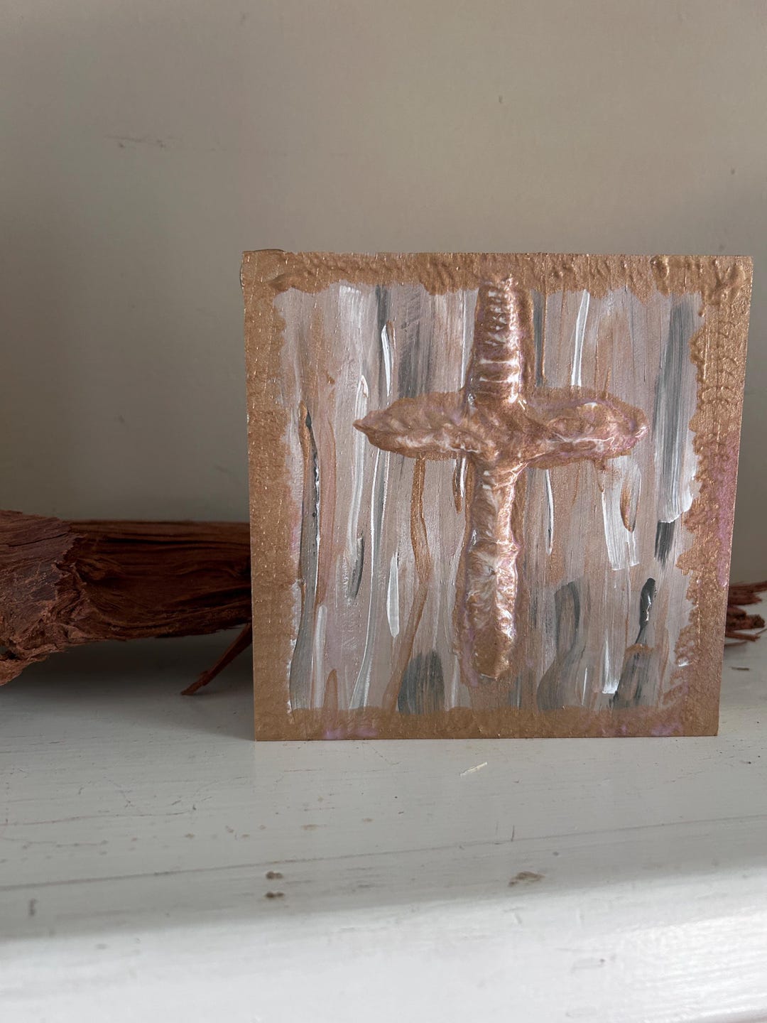 Hand Painted Gold Cross Art, Textured Wood Block (5x5) - Etsy