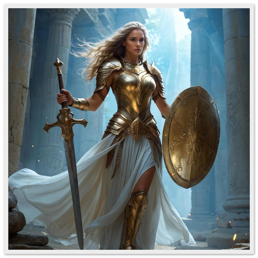 Epic Athena Framed Poster - Fantasy Art in Gold Armor - Ethereal Light ...