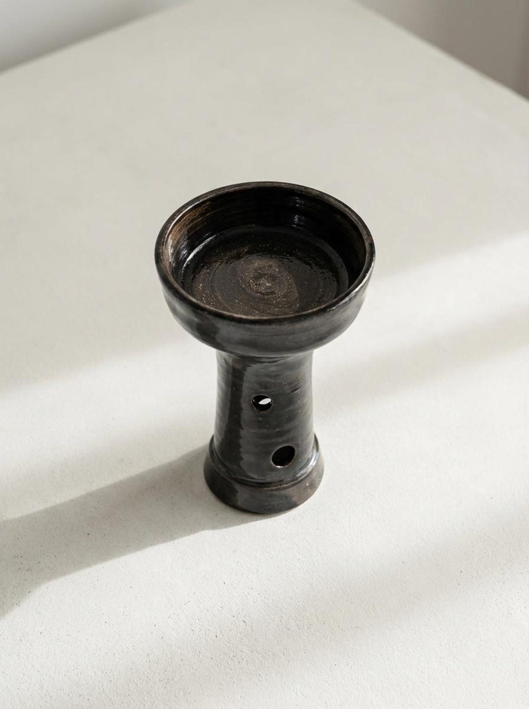 Dark Glossy Stoneware Pillar Candle Holder With Flared Bowl Top - Etsy