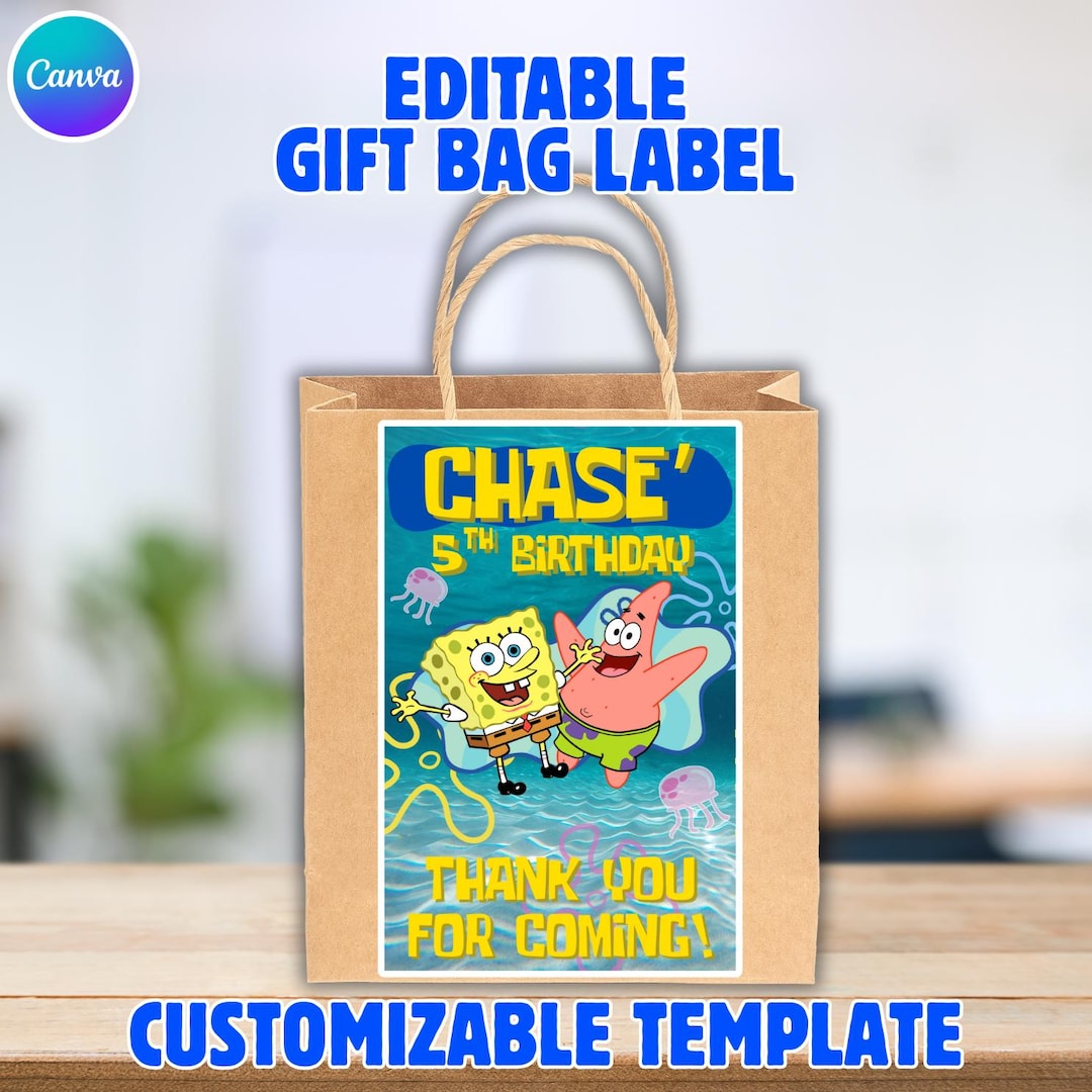 Spongebob Gift Bag Label Spongebob Thank You Gift Bag Spongebob ...