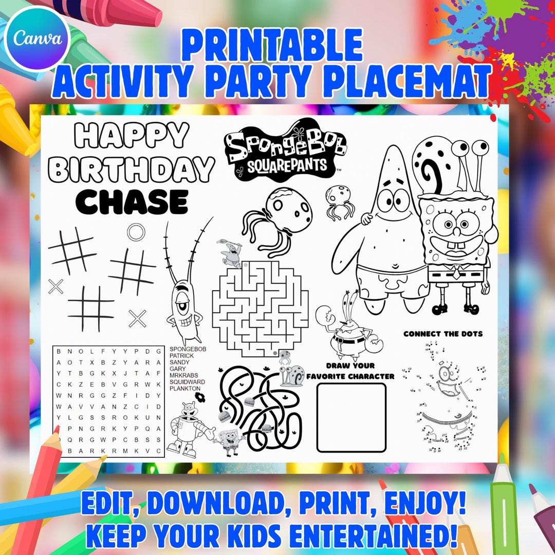 Spongebob Activity Placemat Spongebob Coloring Pages Spongebob Placemat ...