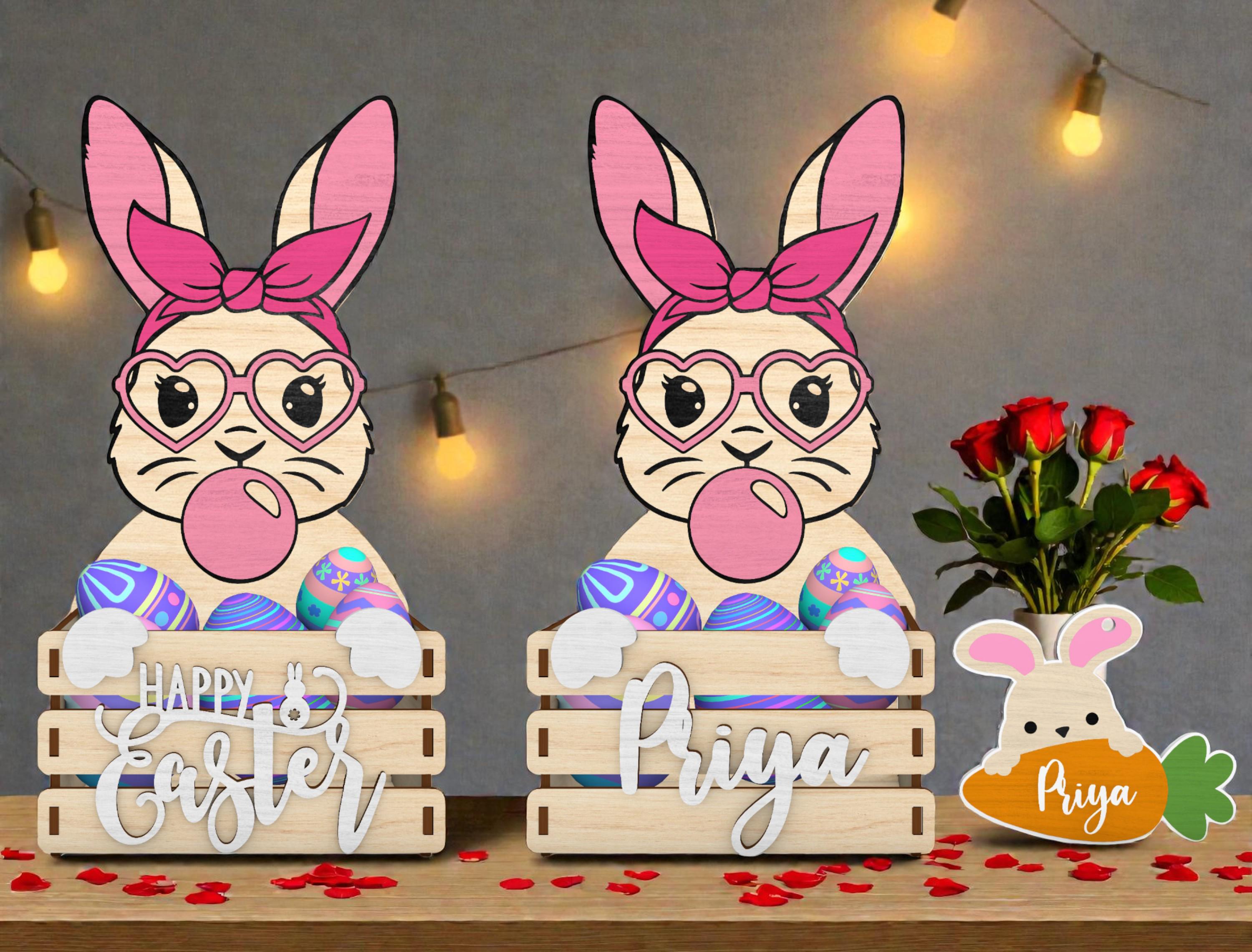 Bubble Gum Wood Box Laser Cut File Svg, Girl Bunny Easter Basket Svg ...