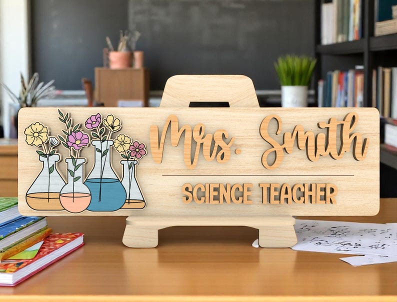 Science Teacher Name Sign Laser Cut SVG , Chemistry Floral Desk Plate ...