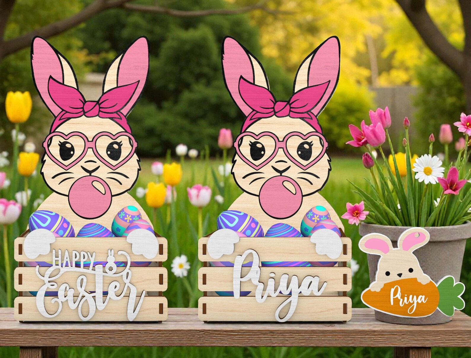 Bubble Gum Wood Box Laser Cut File Svg, Girl Bunny Easter Basket Svg ...