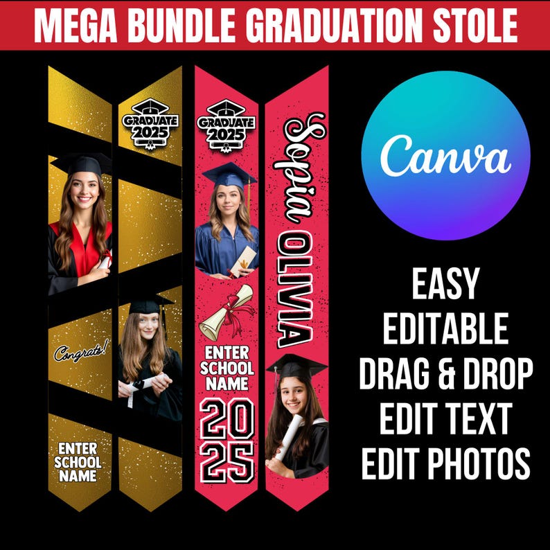 30 Graduation Stole Canva Editable Template Bundle, Graduation Sash ...