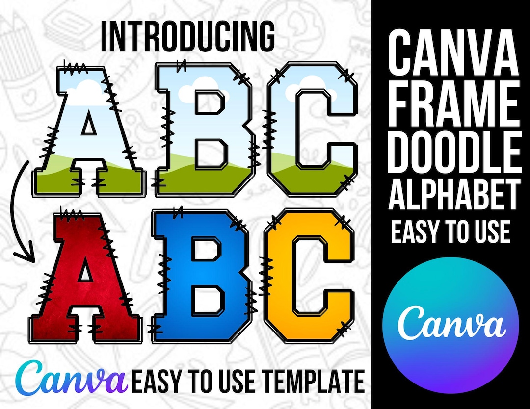 Canva Varsity Frame Doodle Alphabet UPPERCASE and Numbers, Editable ...