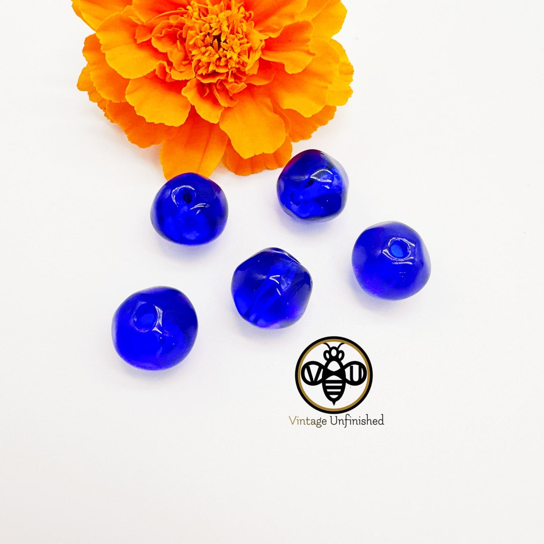 10 Cobalt Blue 12mm Round Dimple Vintage Czech Glass Beads Authentic ...