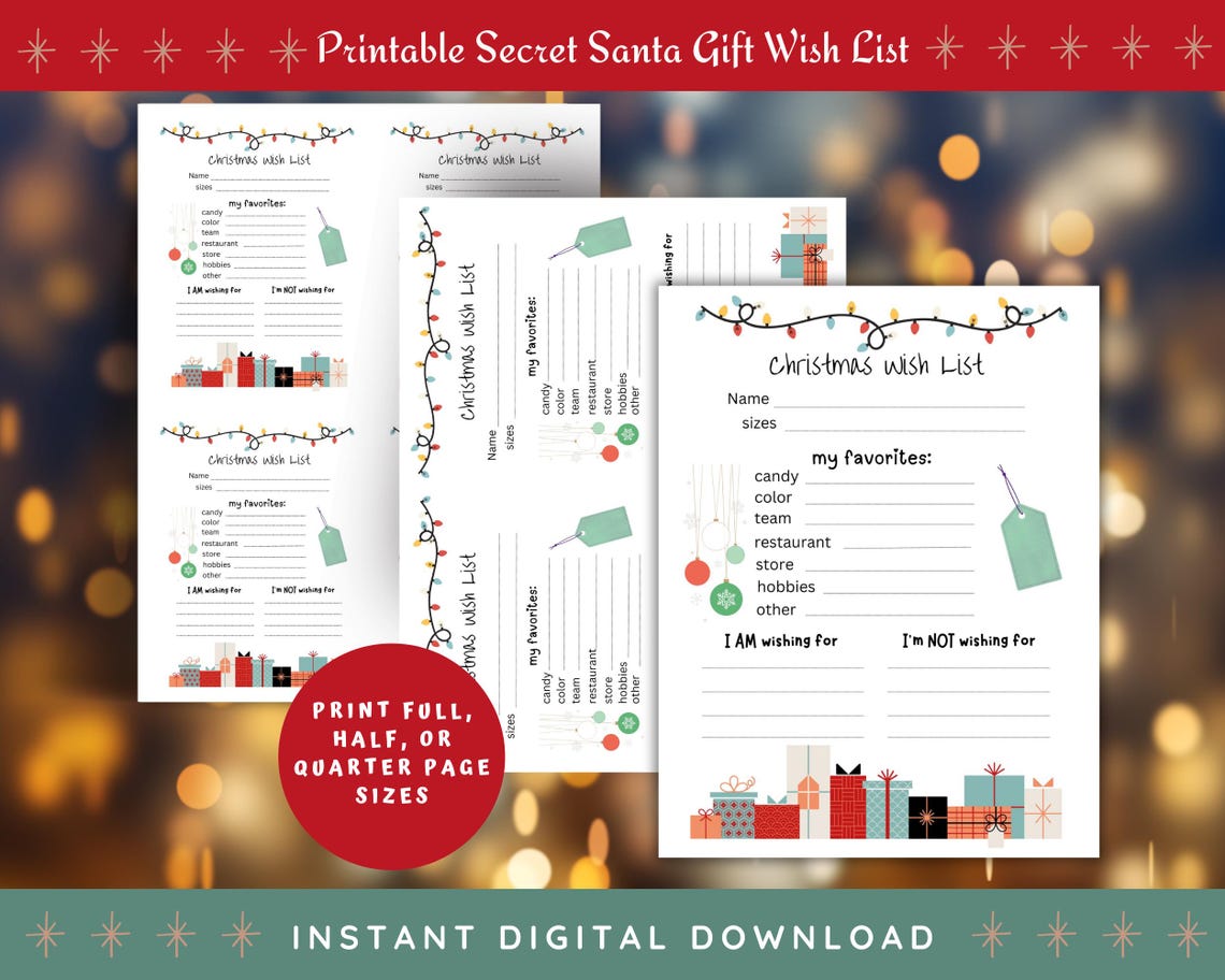Christmas Wish List Printable: Secret Santa Gift Ideas (digital ...