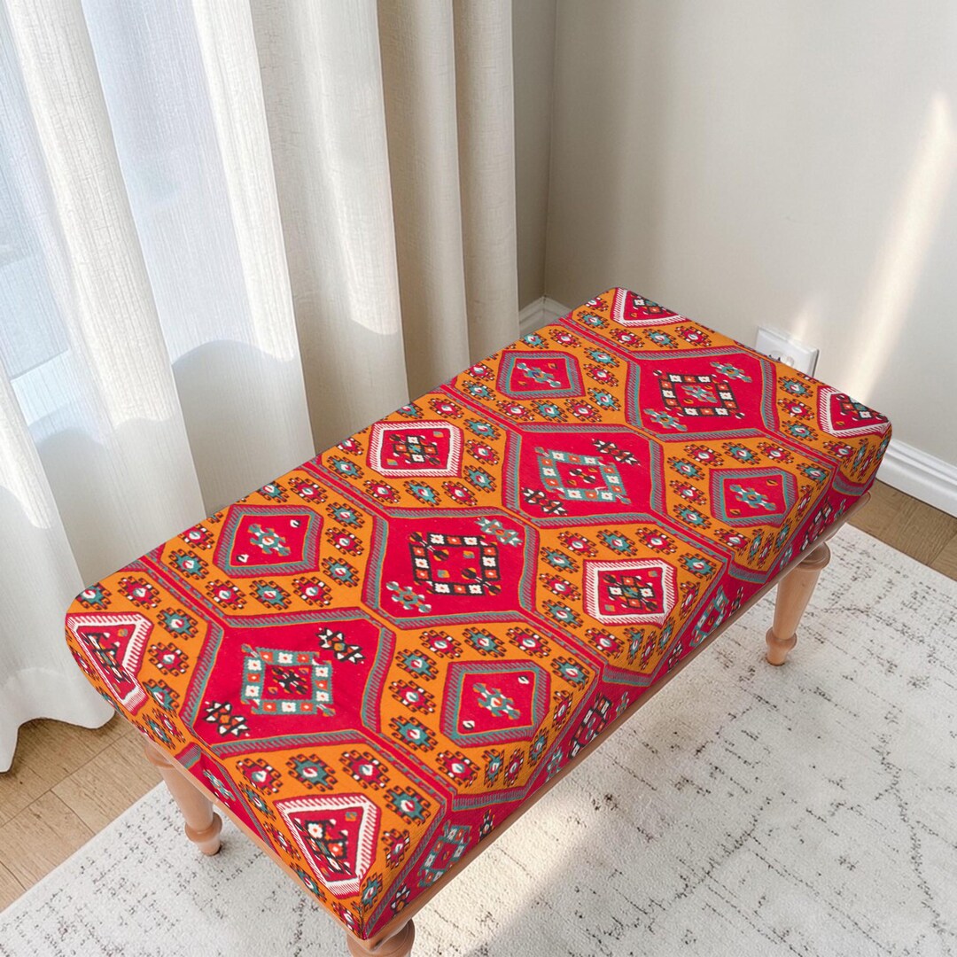 Persian Style Geometric Honeycomb Bench, Vibrant Red and Mustard Yellow ...