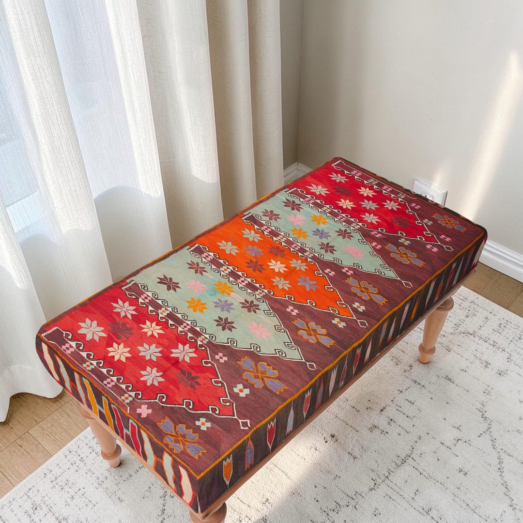 Persian Style Red Kilim Bench, Floral Rug Patterned Ottoman ...