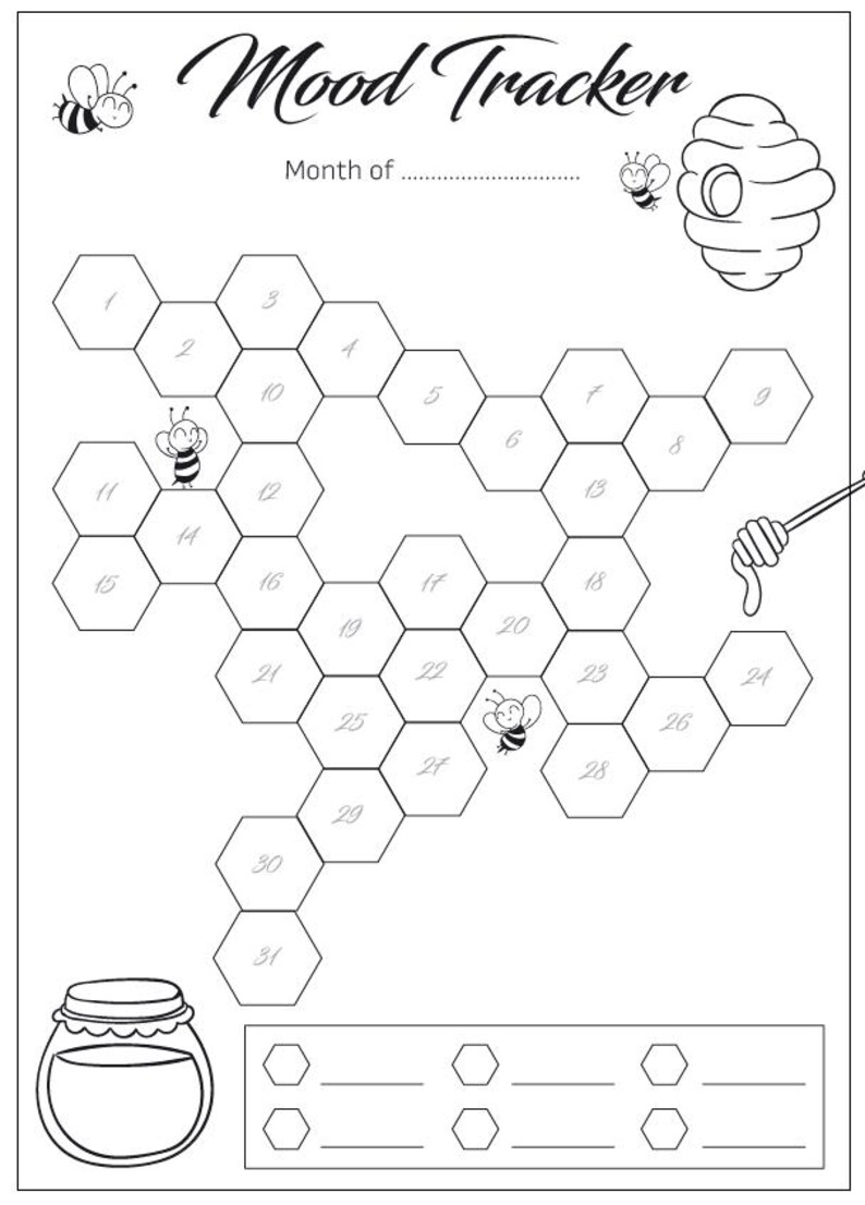 Printable Mood Tracker | Bee & Honeycomb Monthly Mood Chart | Bullet ...