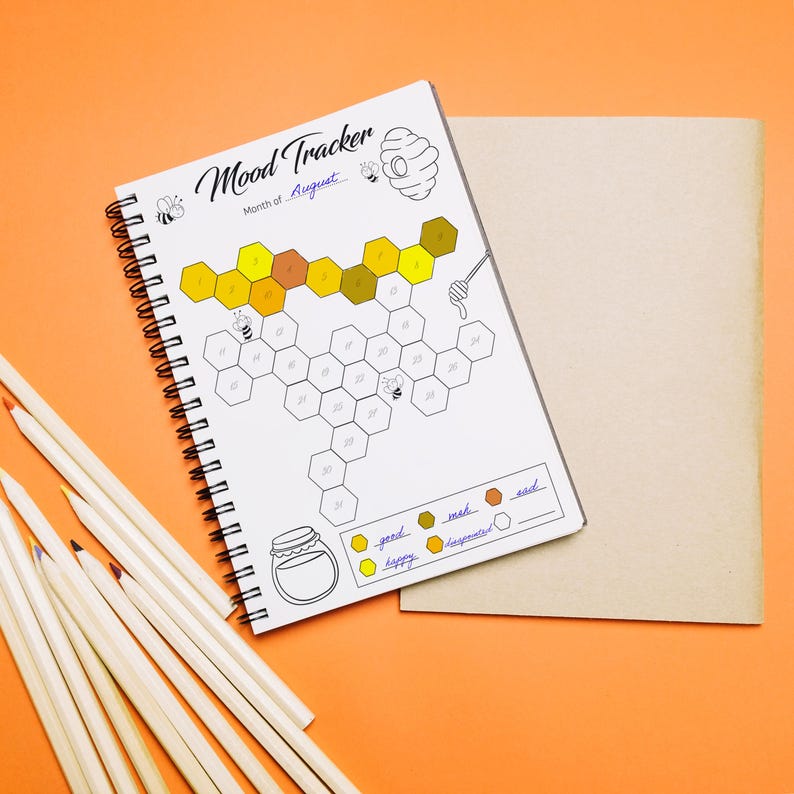 Printable Mood Tracker | Bee & Honeycomb Monthly Mood Chart | Bullet ...